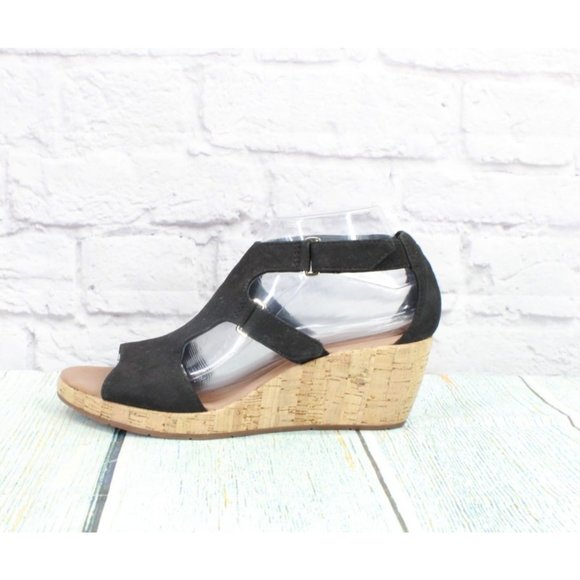 Clarks | Shoes | Clarks Black Suede Hook Loop Peep Toe Platform Wedge ...